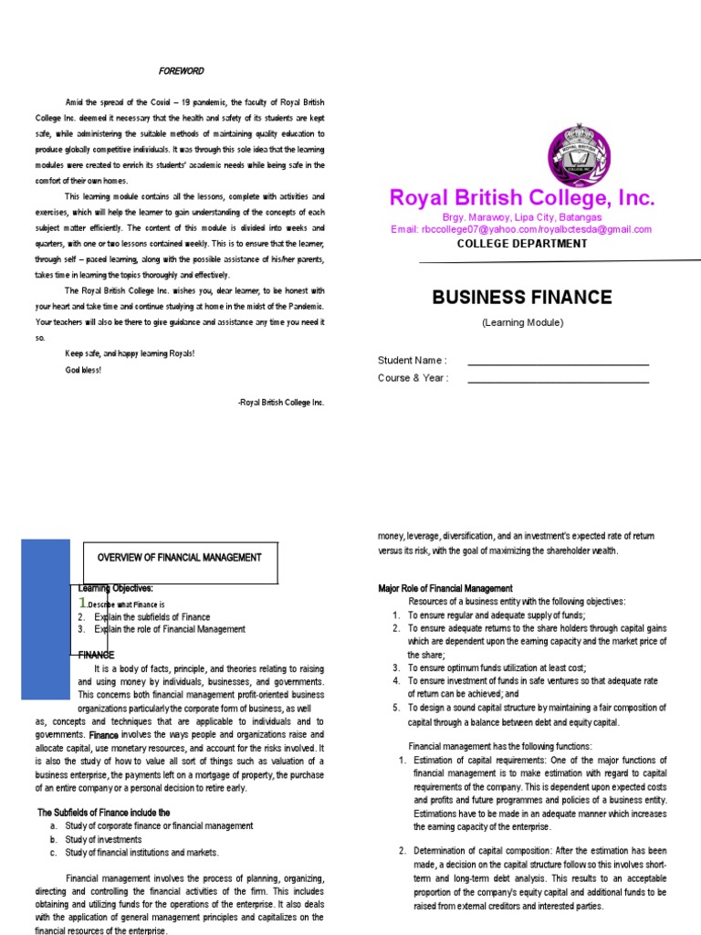 Business Finance Module 1 | PDF | Financial Capital | Financial Economics