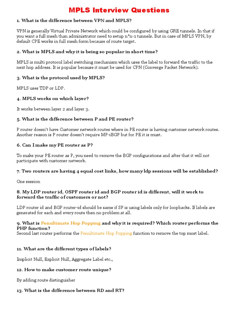MPLS Interview Questions | PDF | Multiprotocol Label Switching | Networking