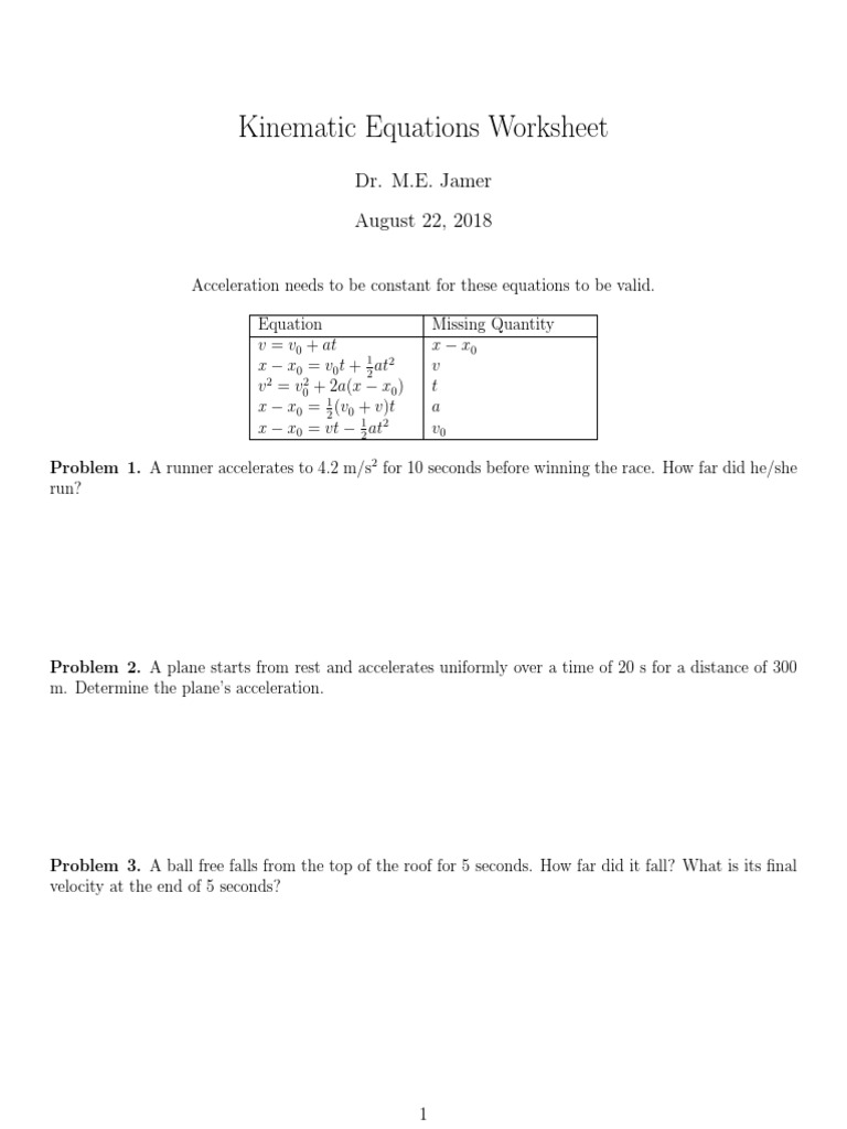 Kinematics Worksheet | PDF