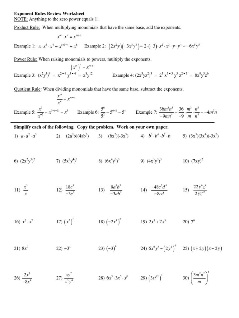 Exponent Rules Review Worksheet | PDF | Arithmetic | Teaching Mathematics