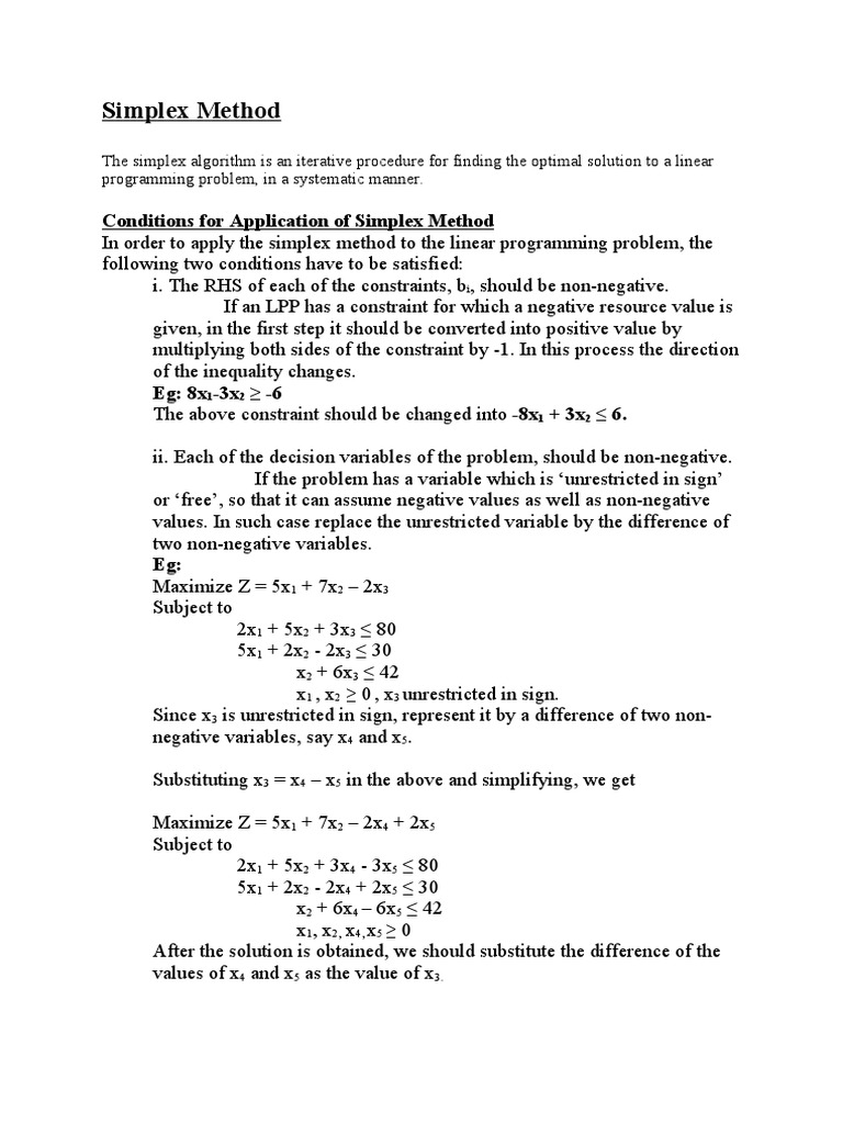 Conditions For Application of Simplex Method | PDF | Mathematical Optimization | Theoretical ...