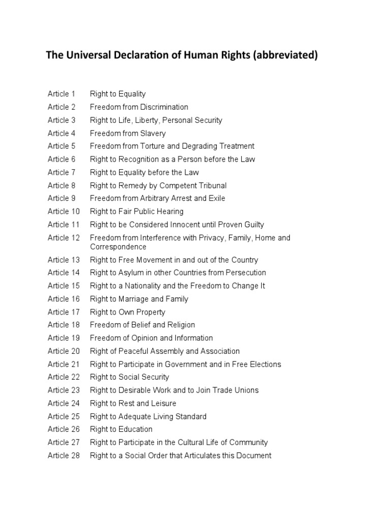 The Universal Declaration of Human Rights (Abbreviated) | PDF | Liberty ...