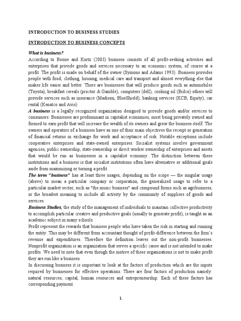 Introduction To Business Studies Introduction To Business Concepts ...