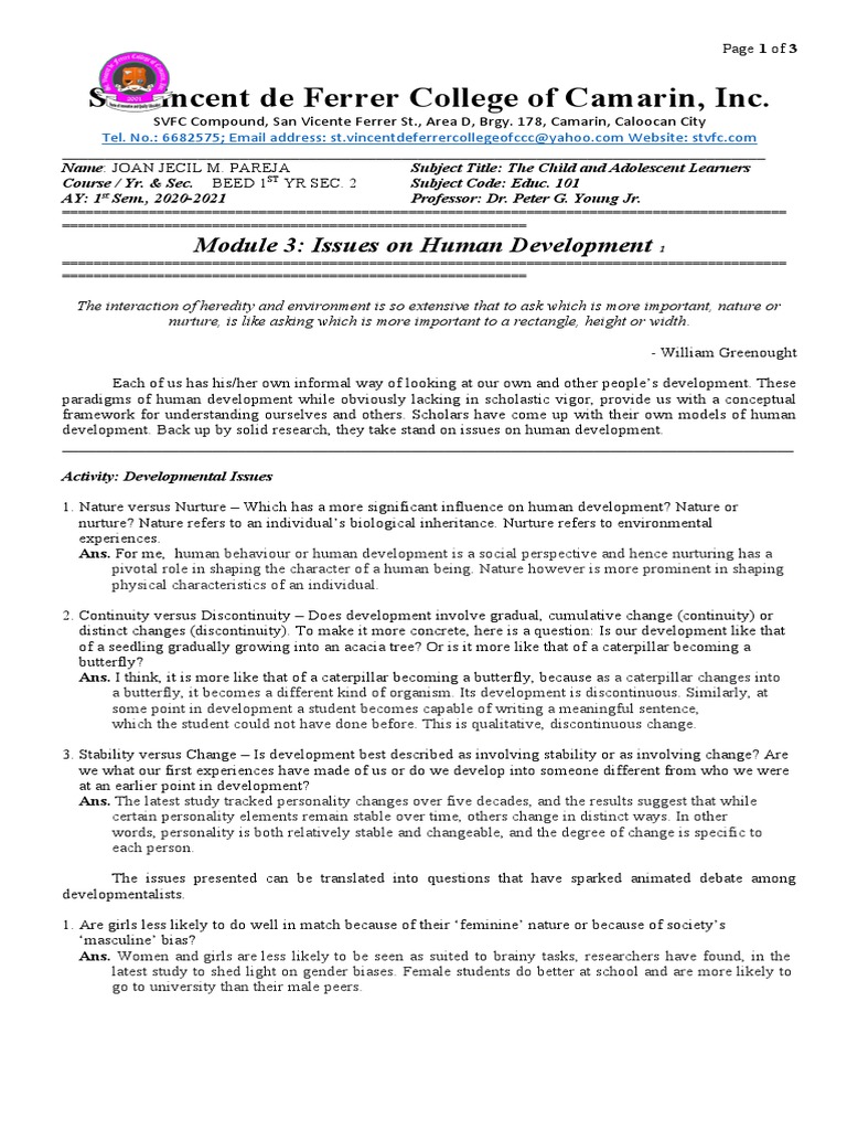 St. Vincent de Ferrer College of Camarin, Inc.: Module 3: Issues On ...