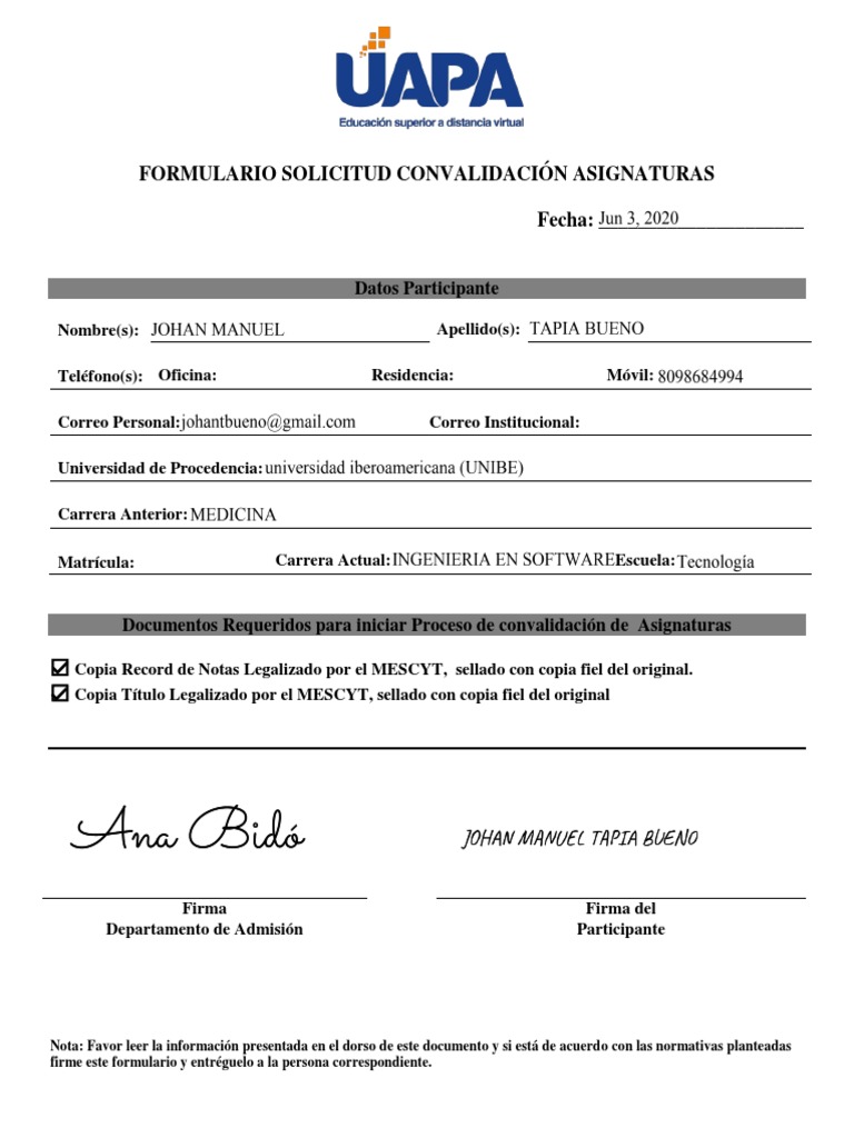 Formulario de Solicitud de Convalidacion Trimestral - PDF - Johantbueno@Gmail Signed | PDF ...