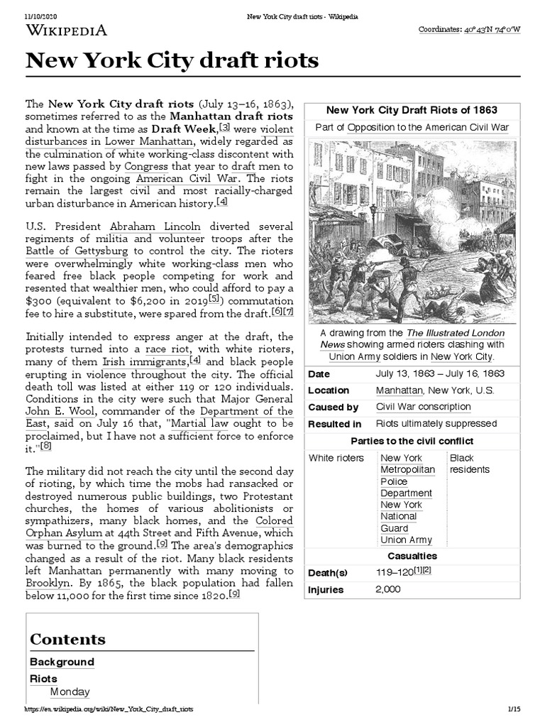 New York City Draft Riots - Wikipedia | PDF | Military | Violence