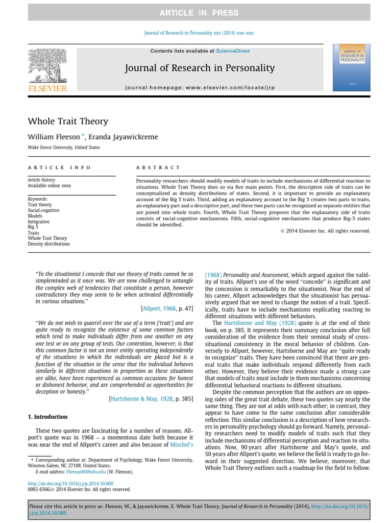 Journal of Research in Personality: William Fleeson, Eranda ...