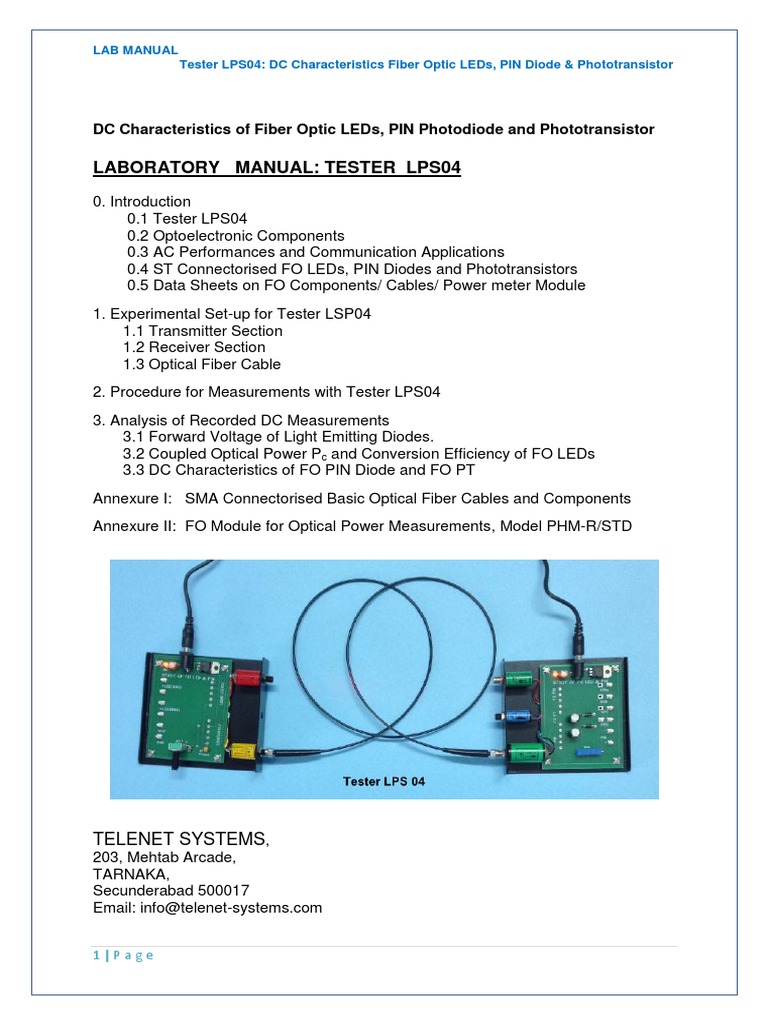 Laboratory Manual: Tester Lps04: DC Characteristics of Fiber Optic Leds ...