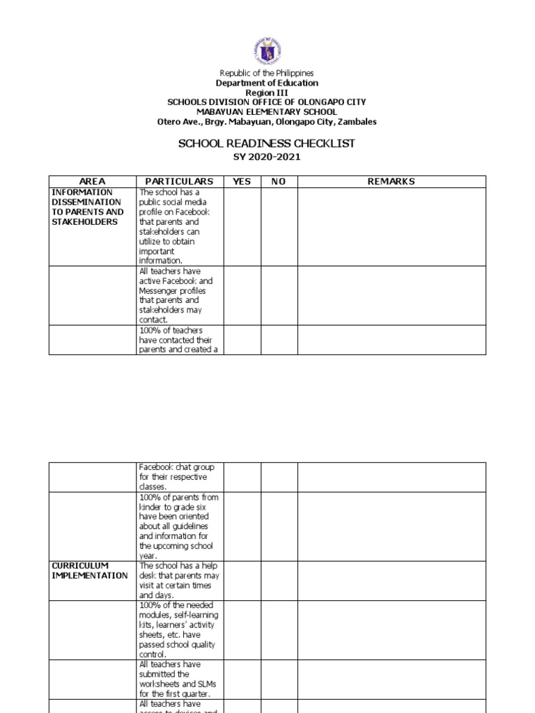 School Readiness Checklist: SY 2020-2021 Area Particulars YES NO ...