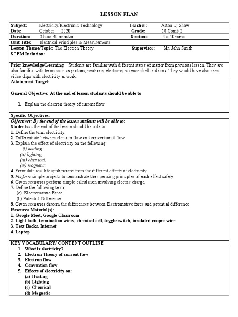The Electron Theroy Lesson Plan | PDF | Electron | Electricity