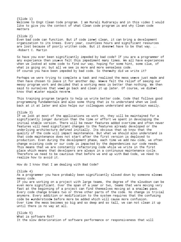 Why Clean Code Matters - Transcript 1 | PDF | Computing | Software Engineering