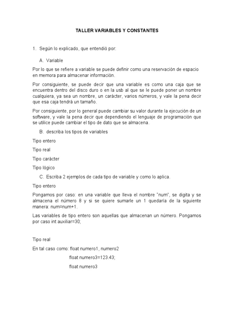 Taller Variables y Constantes Par 2 | PDF | Variable (informática ...