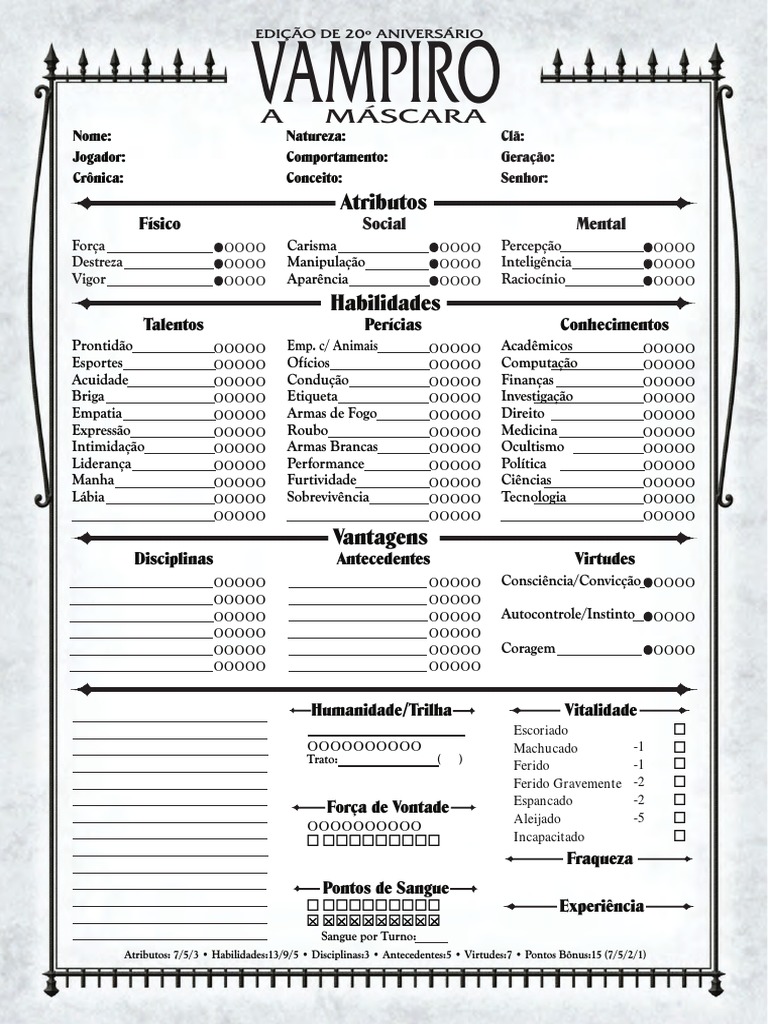 Vampiro V20-Ficha Editável | PDF | Conceitos psicológicos | Science