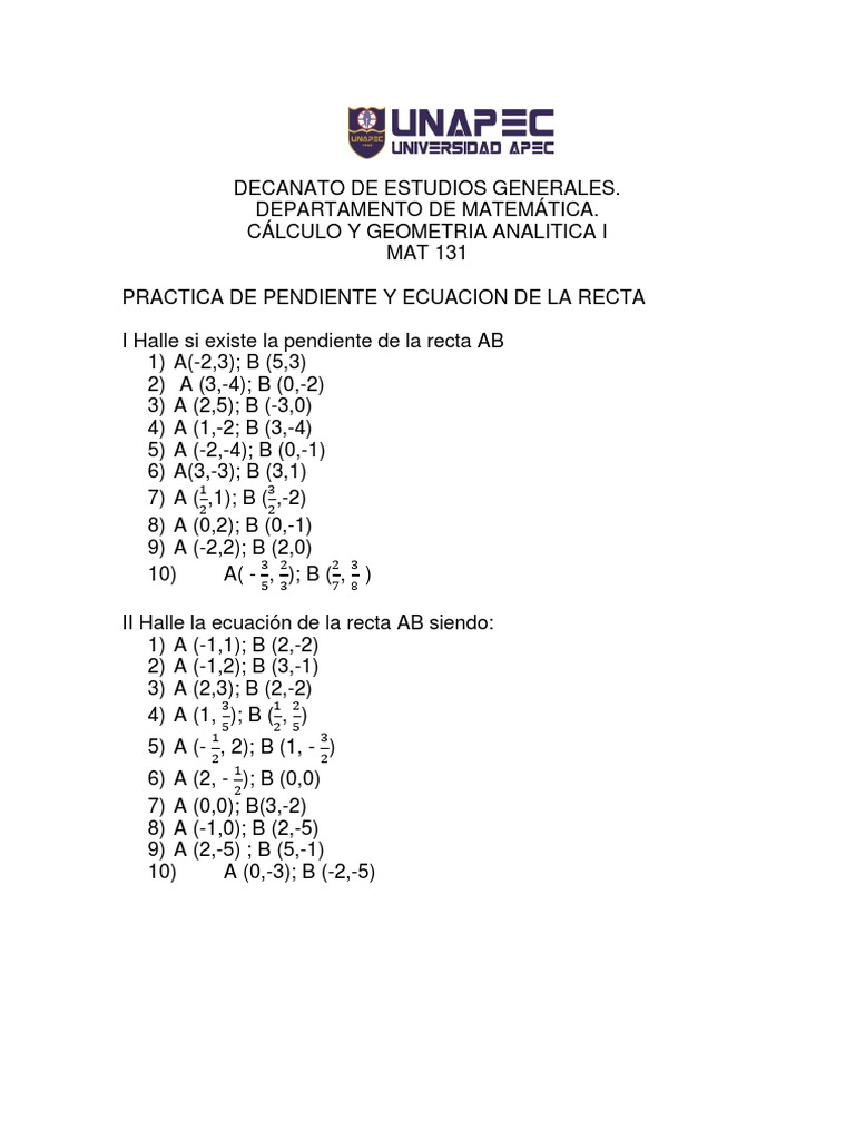 Practica de Pendiente y Ecuacion de La Recta PDF | PDF