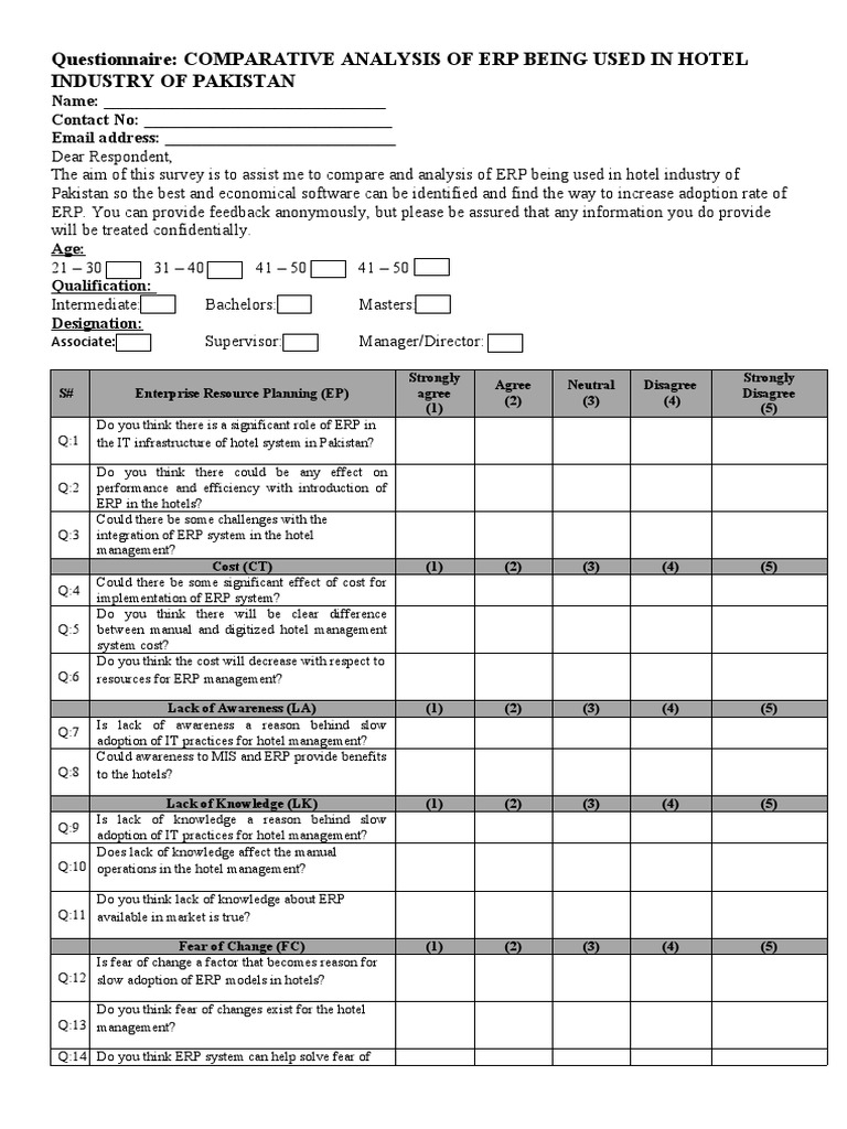 Questionnaire: Comparative Analysis of Erp Being Used in Hotel Industry ...