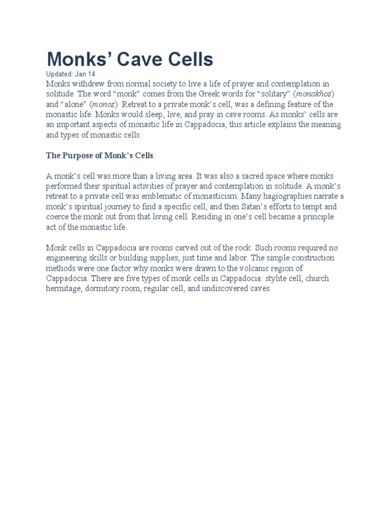 Monks' Cave Cells: The Purpose of Monk's Cells | PDF
