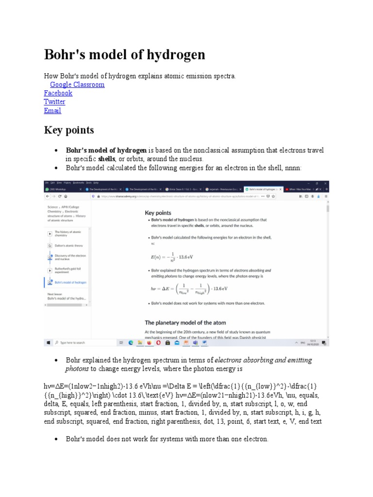 Bohr's Model of Hydrogen: Key Points | PDF | Energy Level | Emission ...
