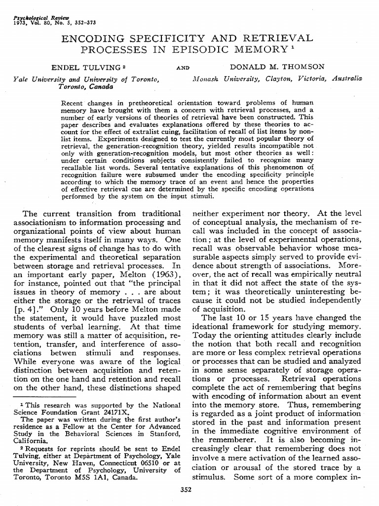 Encoding Specificity and Retrieval Processes in Episodic Memory | PDF