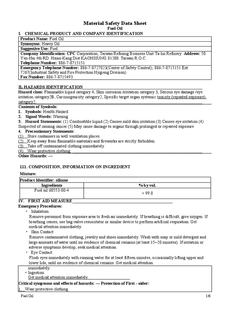 Material Safety Data Sheet: Fuel Oil 1/6 | PDF | Firefighting | Oil ...