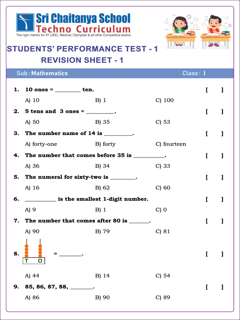 Cls-1 - Math - Revision Sheet-1 - Student's Performance Test-1 | PDF