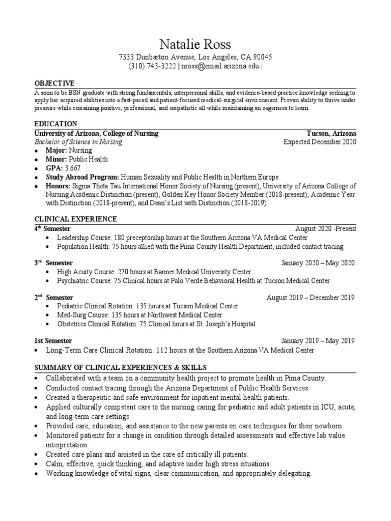 Natalie Ross Resume For 478 | PDF | Intensive Care Medicine | Nursing