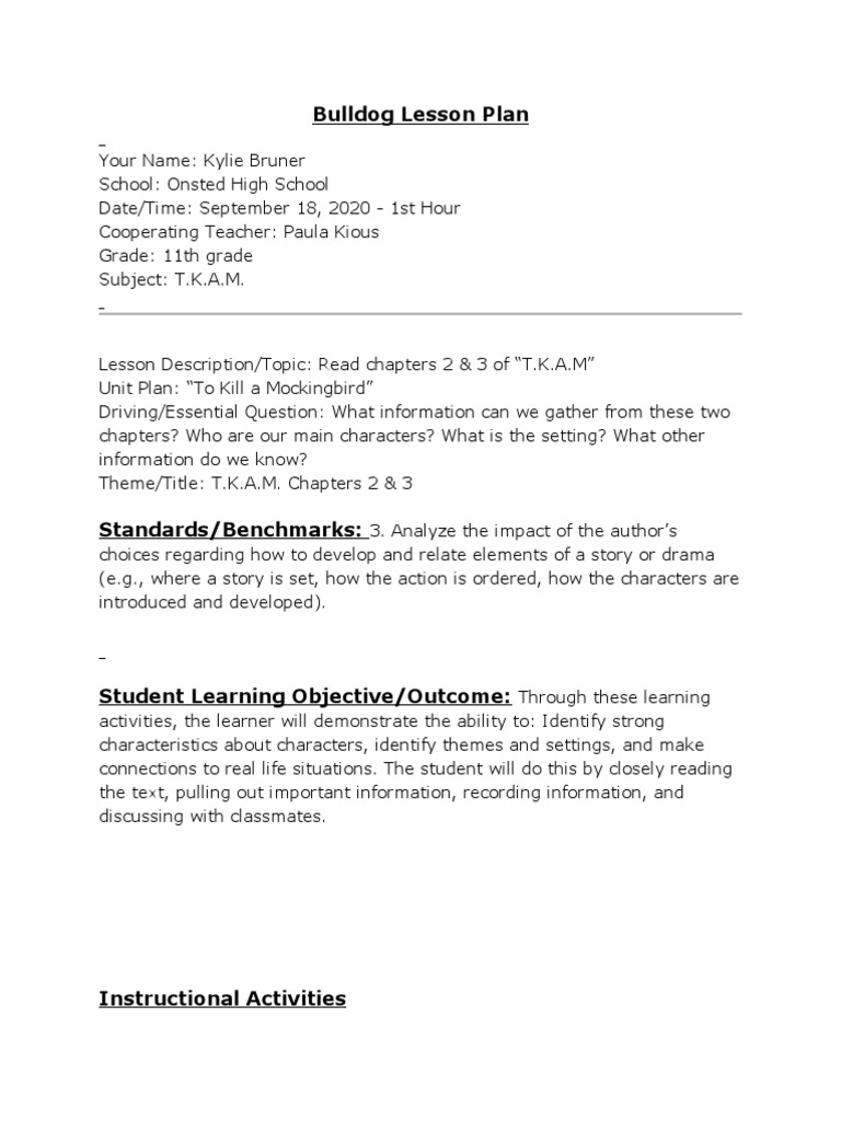 TKAM Lesson Plan 9 - 18 | PDF | To Kill A Mockingbird | Lesson Plan
