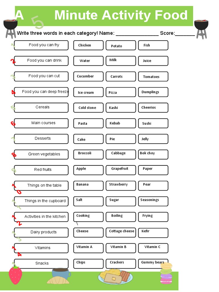 A Minute Activity Food: Write Three Words in Each Category! Name ...