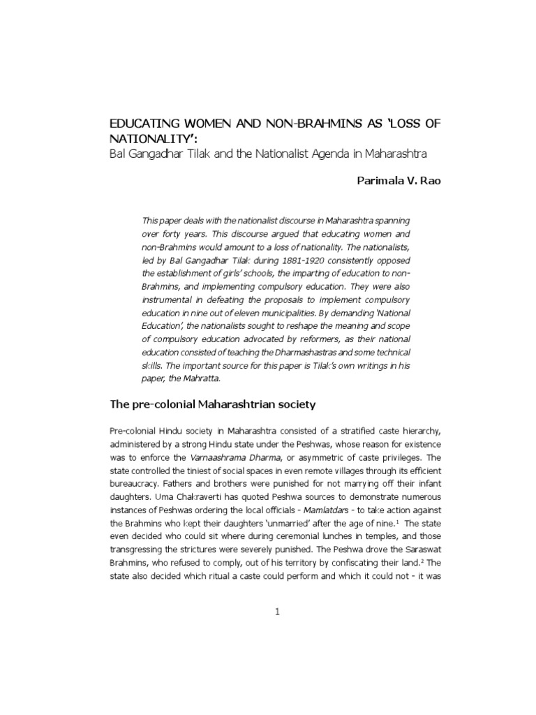 Tilak On Women and Non-Brahmins-Parimala V.Rao | PDF | Dalit | Marriage