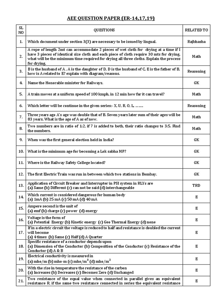 AEE QUESTION PAPER (ER-14,17,19 | PDF | Electrical Resistance And ...