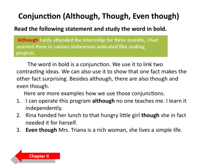 Conjunction (Although, Though, Even Though) : Read The Following ...