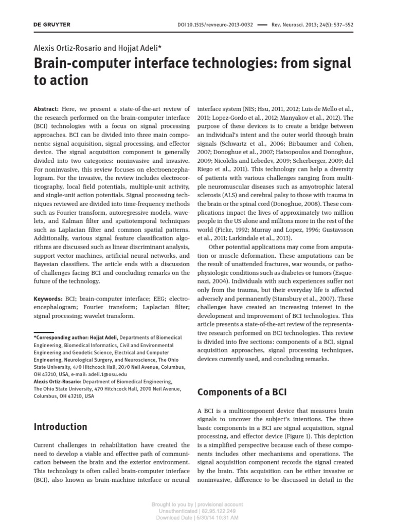 Brain-Computer Interface Technologies: From Signal To Action | PDF ...