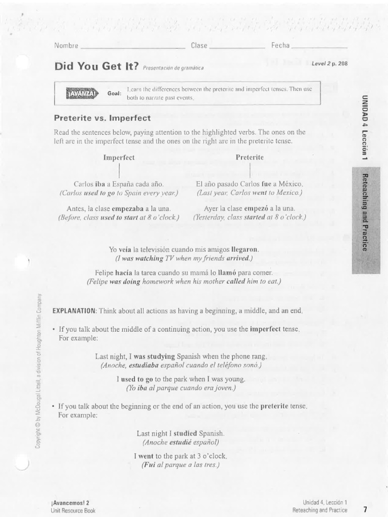 Did You Get It - Preterite Vs Imperfect Answer Key | PDF