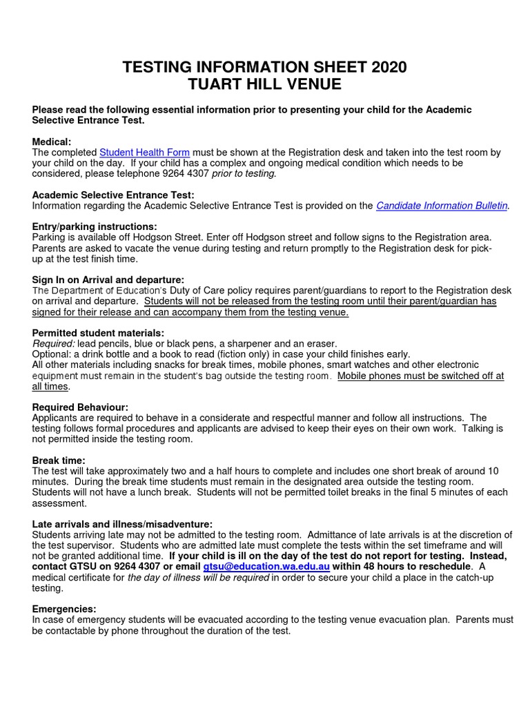 Testing Information Sheet - Tuart College | PDF | Business