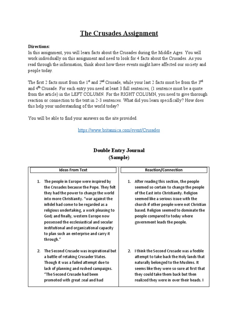 The Crusades Assignment: Directions | PDF | Crusades | Middle Ages