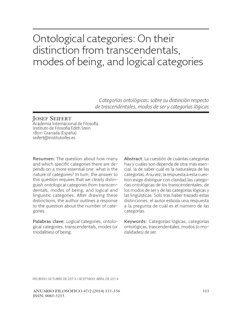 Ontological Categories: On Their Distinction From Transcendentals ...