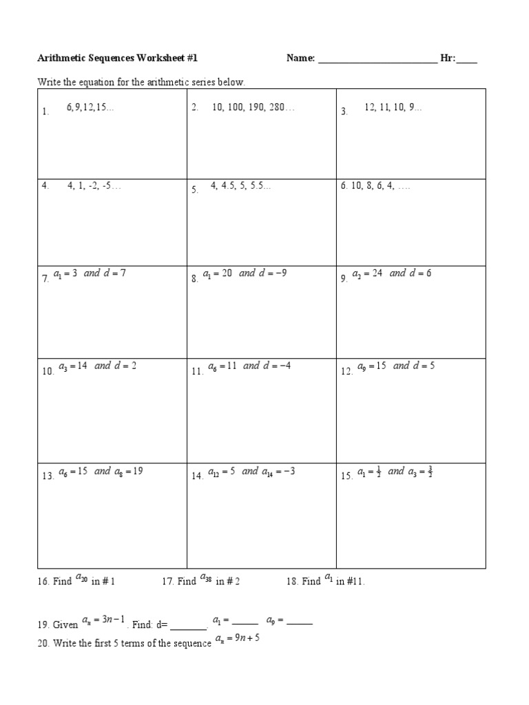 Arithmetic Sequences Worksheet #1 Name: - HR | PDF | Summation | Mathematical Analysis