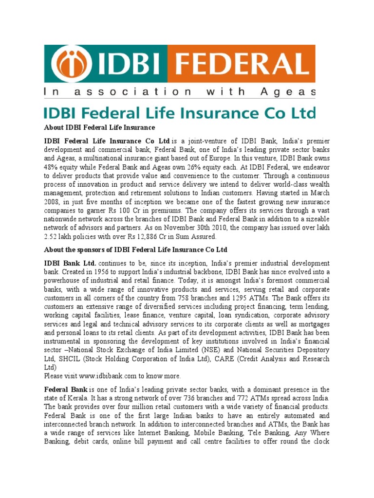 About IDBI Federal Life Insurance joint venture of IDBI Bank, Federal ...