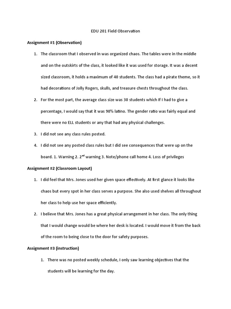 Edu 201 Field Observation | PDF | Classroom | Teachers