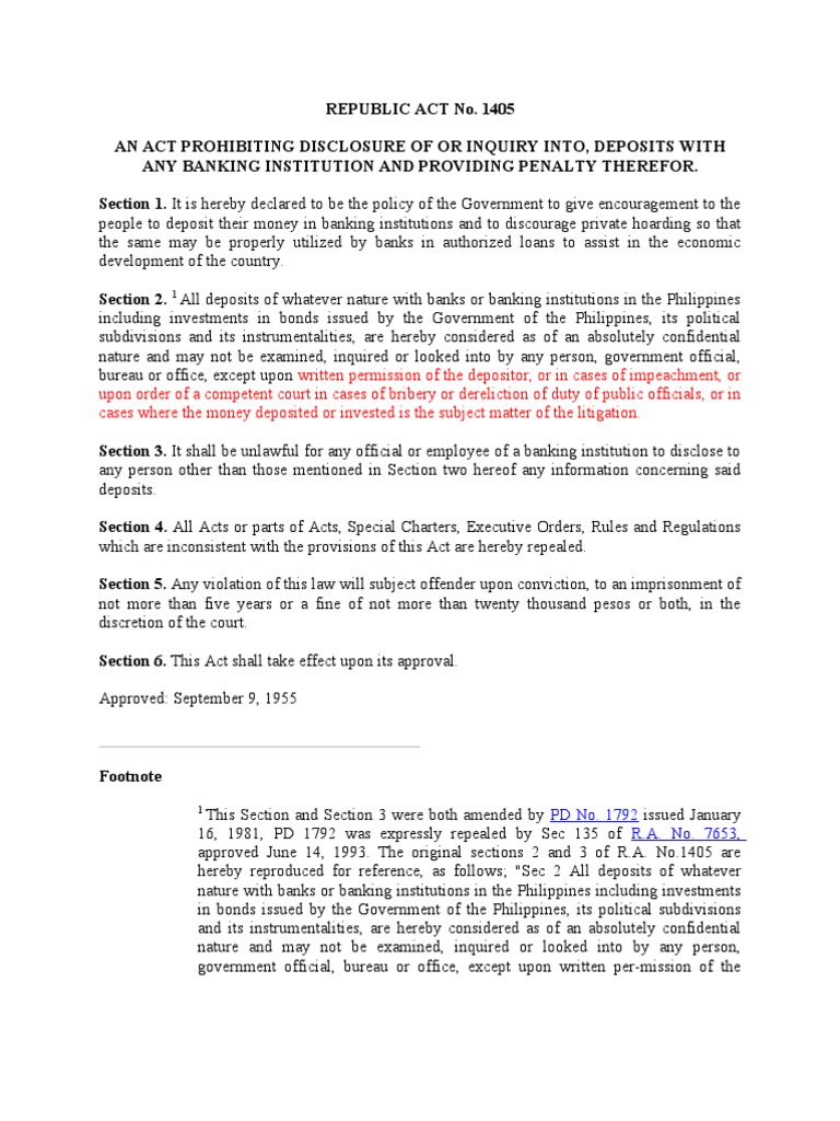 Secrecy of Bank Deposit Act (RA 1405) | PDF | Banks | Common Law