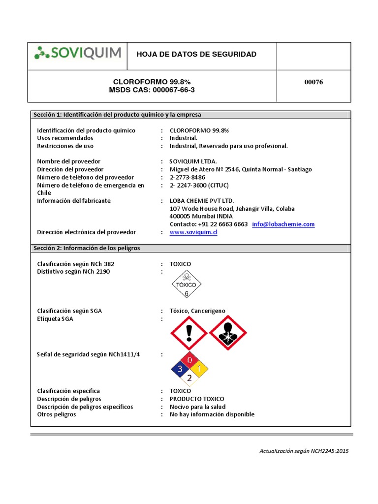 Ficha de Seguridad del Cloroformo 99.8% | PDF | Contaminante | Toxicidad