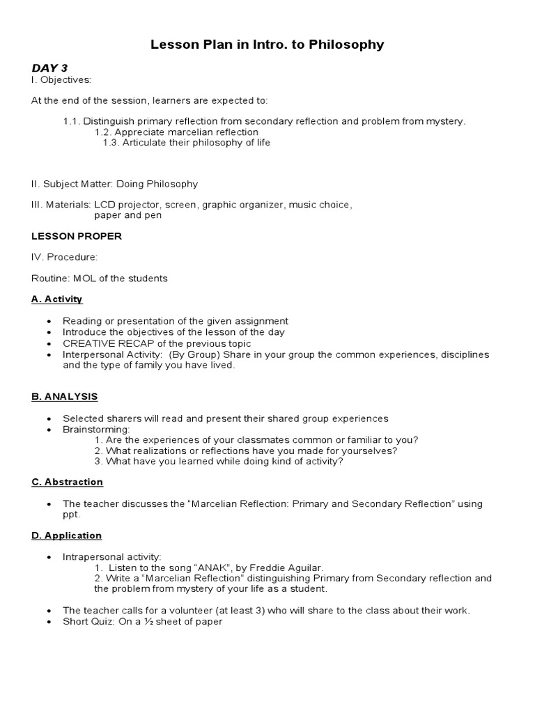 Lesson Plan in Intro. To Philosophy | PDF | Lesson Plan | Teachers