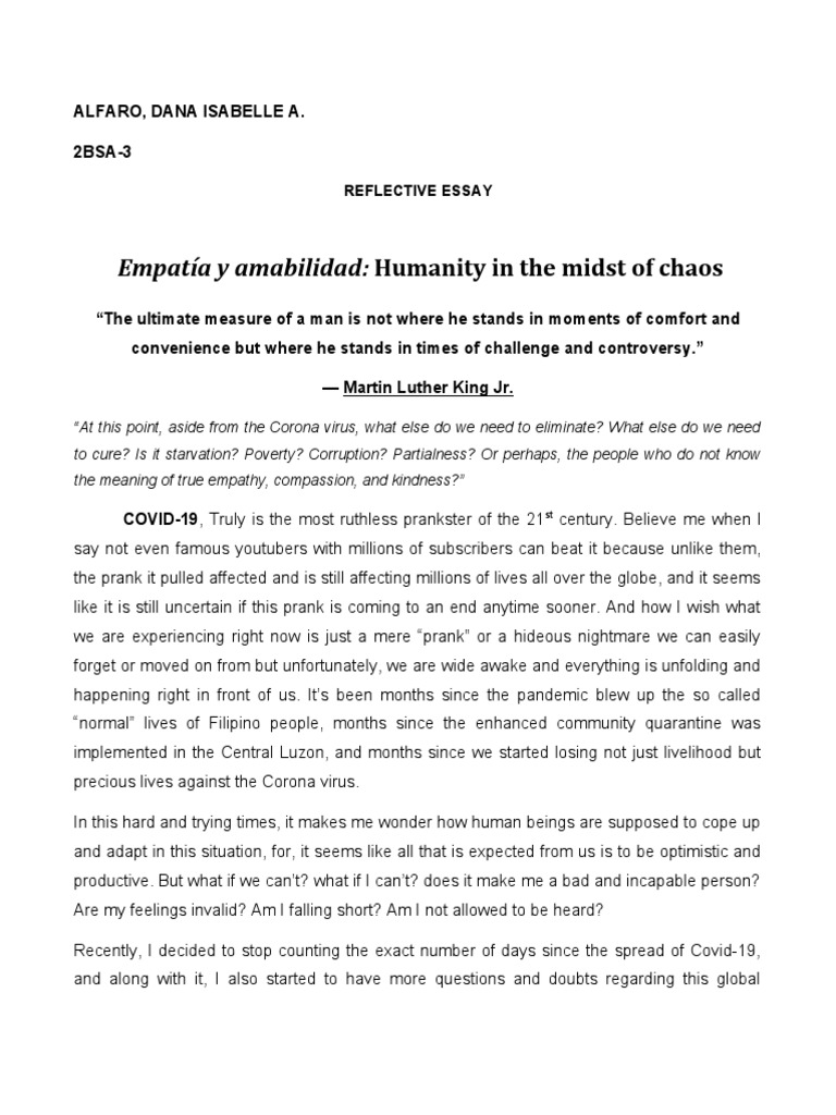 Empatía y Amabilidad: Humanity in The Midst of Chaos: Reflective Essay ...