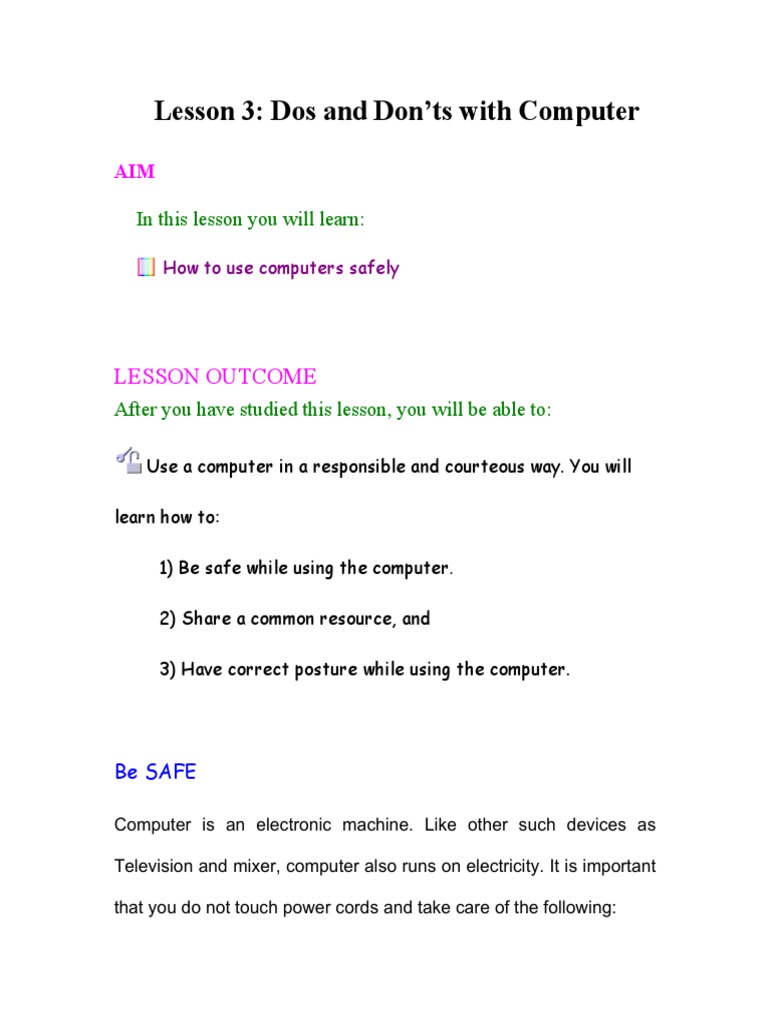 Lesson 3: Dos and Don'ts With Computer | PDF | Computer Keyboard | Computing And Information ...