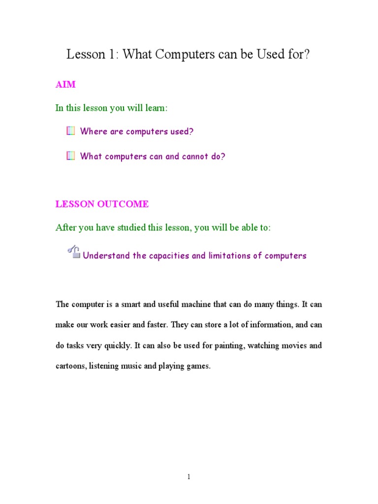 Lesson 1: What Computers Can Be Used For?: in This Lesson You Will ...