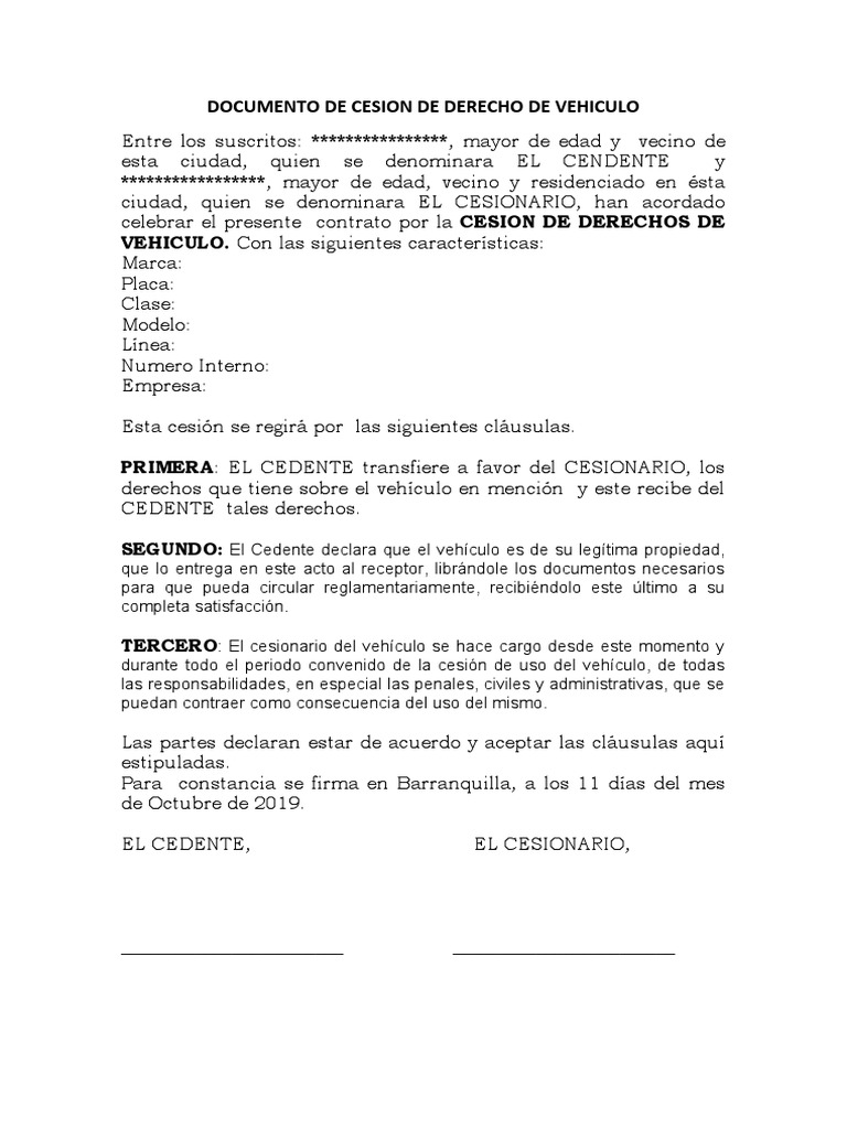 Contrato de cesión de derechos de propiedad de un vehículo entre un ...
