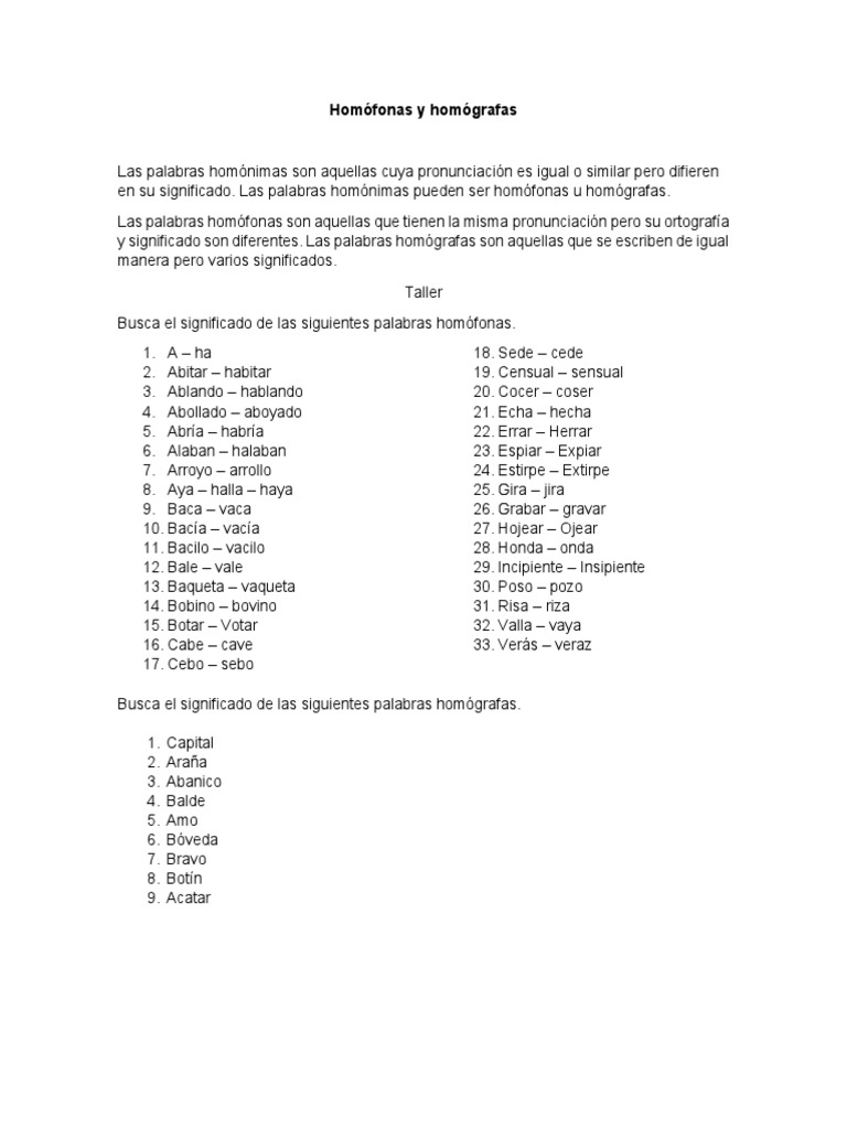 Ejemplos de palabras homógrafas y homófonas | PDF