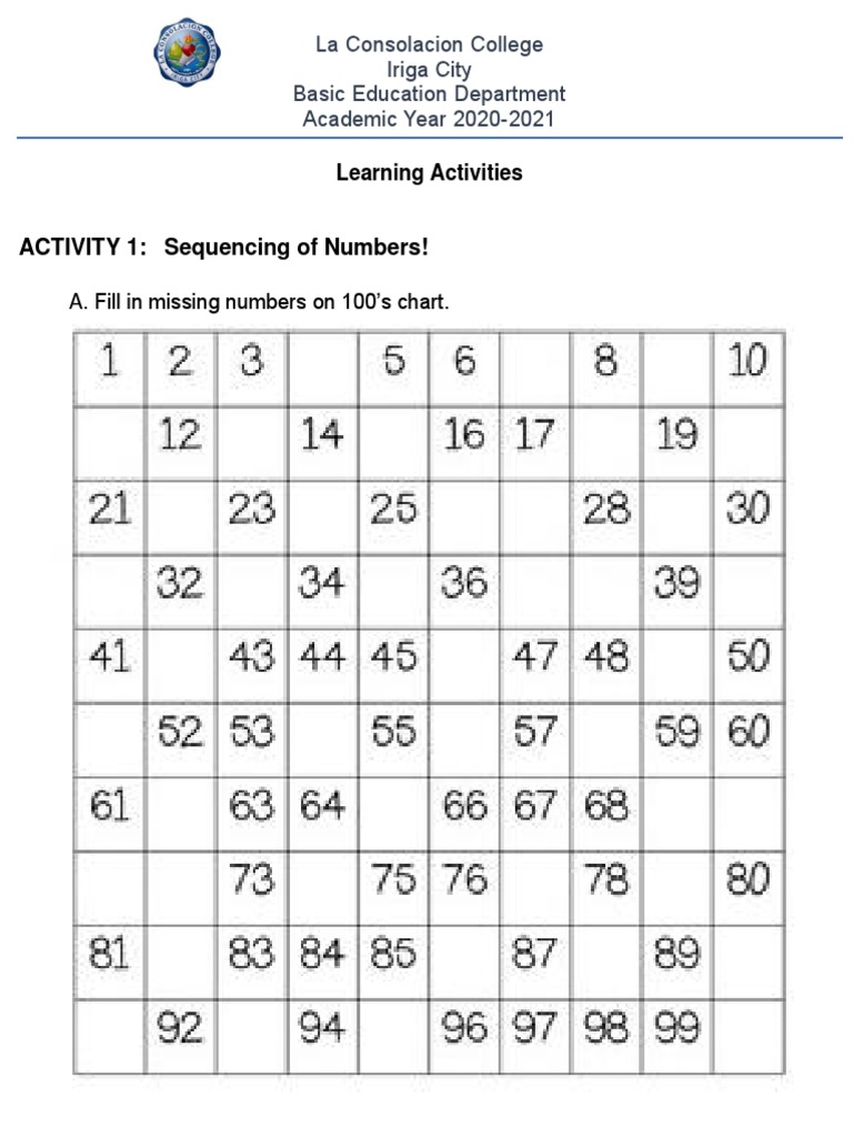 Activity 1: Sequencing of Numbers!: A. Fill in Missing Numbers On 100's ...