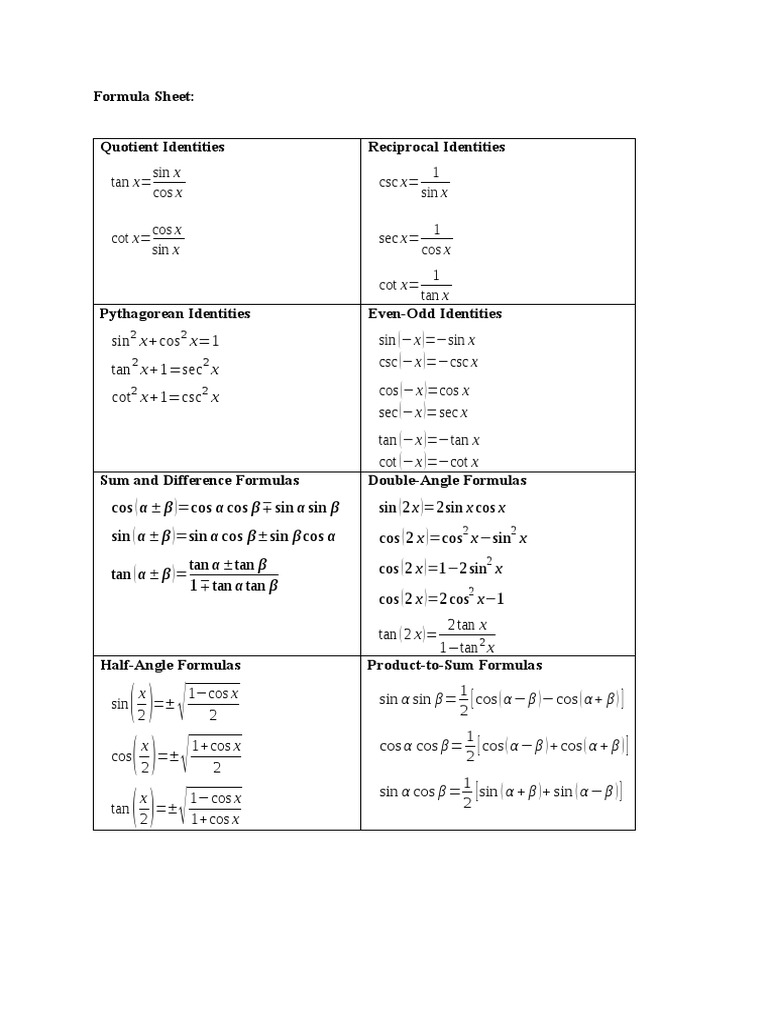 Tan X Sin X Cos X Cot X Cos X Sin X CSC X 1 Sin X Sec X 1 Cos X Cot X 1 ...