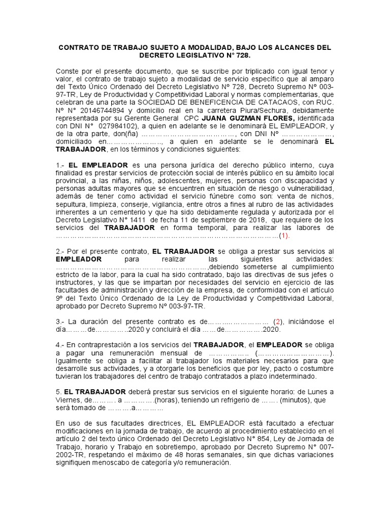 Modelo de Contrato de Trabajo Sujeto A Modalidad - 728 (Modelo) | Descargar gratis PDF | Derecho ...