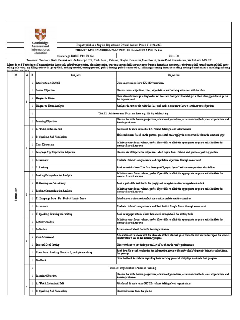 2020-2021 Annual Plan For Cambridge IGCSE 5th Ed 10th | PDF | Reading ...